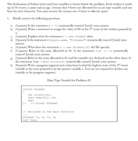 Solved The Declaration Of Student Struct And Four Variables