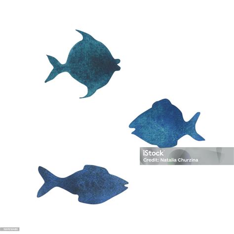 심플한 파란색 물고기 실루엣 수채화 그림은 아이들의 스타일로 그려져 있다 흰색 배경에 격리된 개체 집합입니다 귀여운에 대한 스톡 벡터 아트 및 기타 이미지 Istock