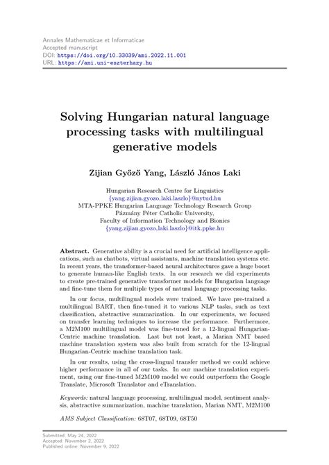 Pdf Solving Hungarian Natural Language Processing Tasks With Multilingual Generative Models