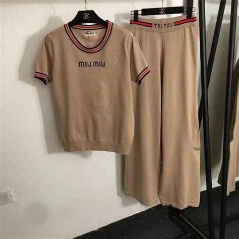 Комплект футболок Женский Miu Miu хаки Короткий размер 44 Полиэстер Полоска Логотип облегающий