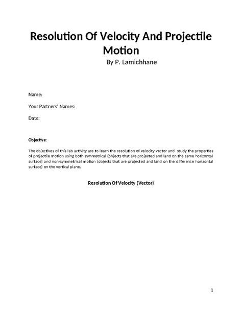 Projectile Motion Lab Phys 1430 Lab 5 Out Of 10 Resolution Of Velocity And Projectile Motion
