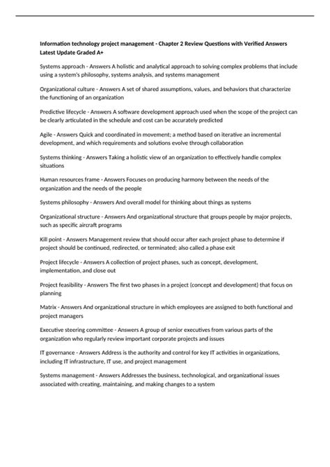 Information Technology Project Management Chapter 2 Review Questions With Verified Answers