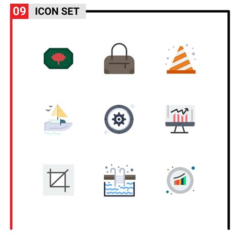 User Interface Pack Of 9 Basic Flat Colors Of Wheel Gear Road Setting Transport Editable Vector