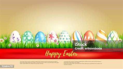 부활절 달걀으로 배너 빨간 리본에 싸여 손으로 쓴된 텍스트 행복 한 부활절 휴일입니다 녹색 잔디에 꽃의 꽃 봉 오리와 봄 시즌에 대 한 배너의 템플릿 편집 가능한 3d 벡터