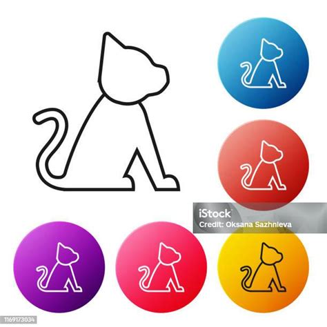 흰색 배경에 격리 된 검은 색 선 고양이 아이콘입니다 아이콘 다채로운 원 버튼을 설정합니다 벡터 일러스트레이션 고양이 새끼에 대한 스톡 벡터 아트 및 기타 이미지 Istock