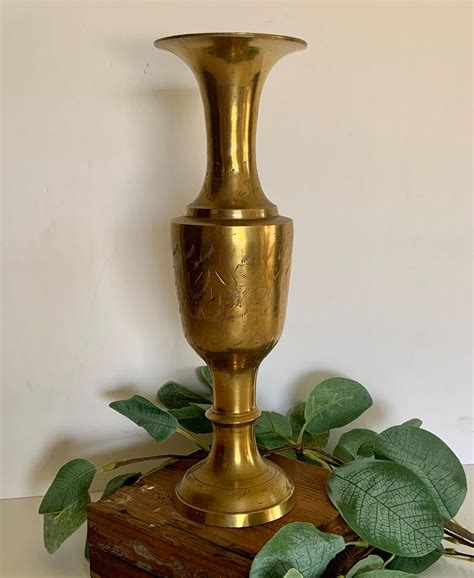 Vintage Brass Vase Etched Brass Vase Made In India Vase Boho Brass