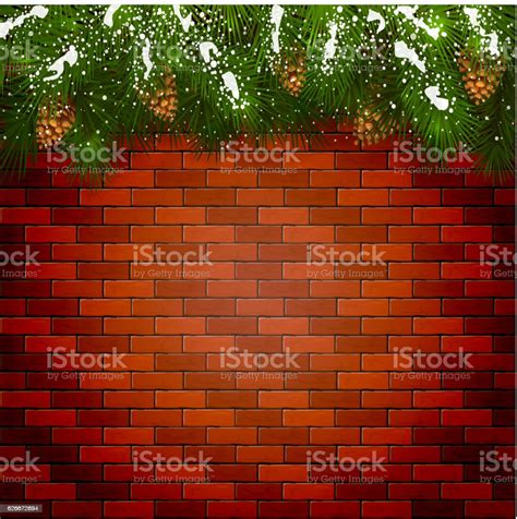 Latar Belakang Dinding Bata Dengan Cabang Pohon Cemara Natal Ilustrasi