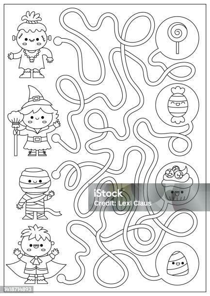 아이들을위한 할로윈 흑백 미로 귀여운 카와이 아이들 과자와 함께 가을 휴가 라인 유치원 인쇄 가능한 활동 무서운 미로 색칠 공부 페이지 의상 파티 워크 시트를 트릭하거나