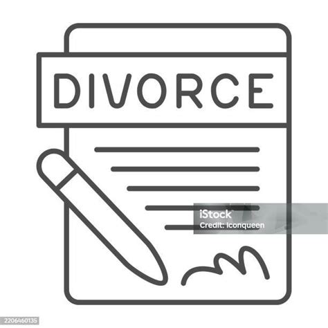 서명 된 문서 양식과 펜 얇은 선 아이콘 가족 변호사 개념 벡터 그래픽입니다 이혼 신청서 흰색 배경에 계약서 종이 서명 모바일 또는 웹 디자인을위한 개요 스타일 아이콘 0