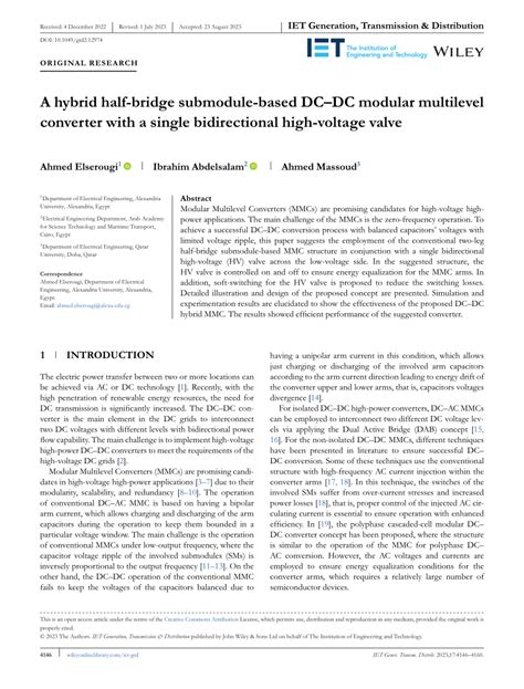 Pdf A Hybrid Half‐bridge Submodule‐based Dc Dc Modular Multilevel Converter With A Single