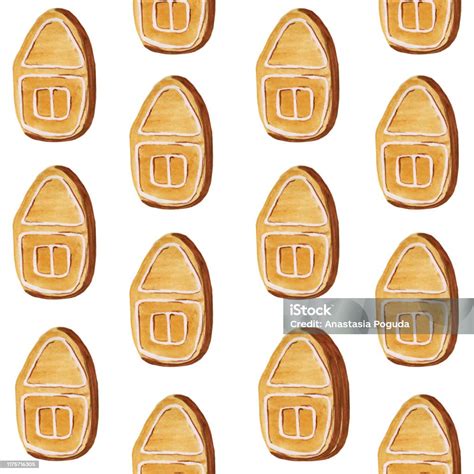 진저 브레드 하우스와 원활한 패턴 인쇄 선물 용지 카드 포스터 및 배경에 대한 수채화 손 그리기 그림 크리스마스 일러스트 0명에 대한 스톡 벡터 아트 및 기타 이미지