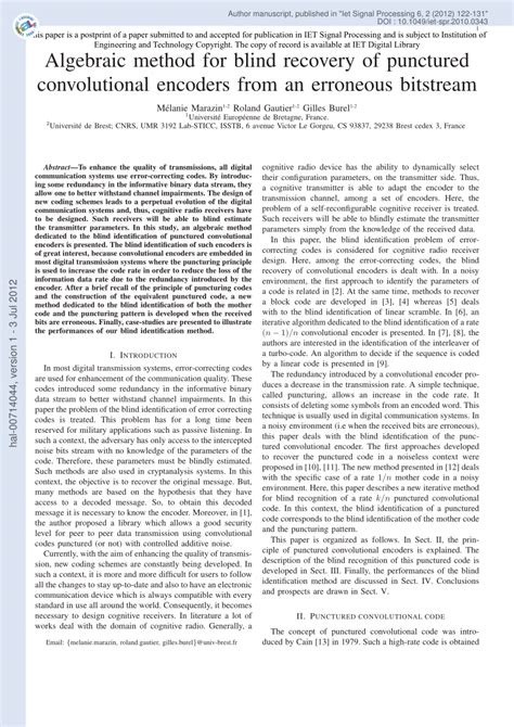 Pdf Algebraic Method For Blind Recovery Of Punctured Convolutional Encoders From An Erroneous