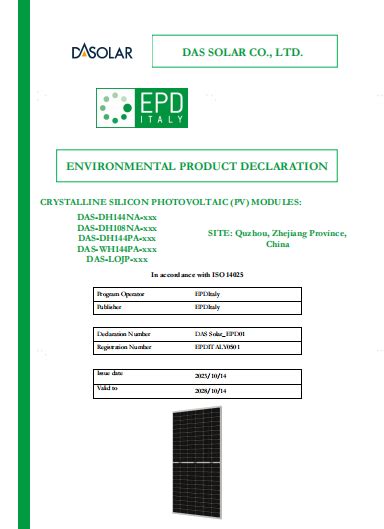DAS Solar Obtains EPD Certification From EPD Italy AFSIA