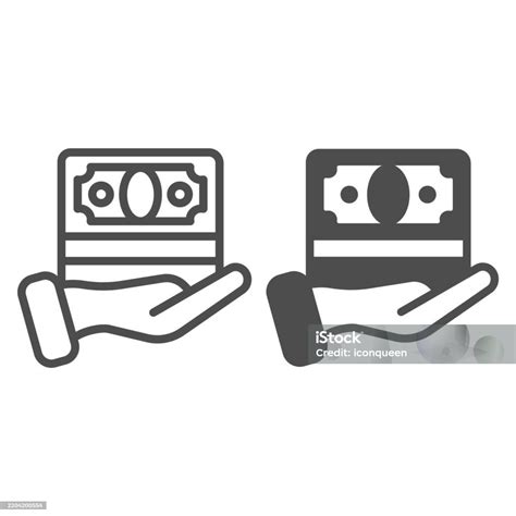 핸드 라인과 솔리드 아이콘에 지폐 스택 디자인 모집 개념 벡터 그래픽입니다 급여 흰색 배경에 돈 보상 표시 모바일 또는 웹 디자인을위한 개요 스타일 아이콘과 손 검은색에
