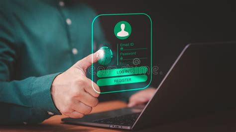 Adult User Man Login With Fingerprint Scanning Technology In The Computer Laptop Stock Image