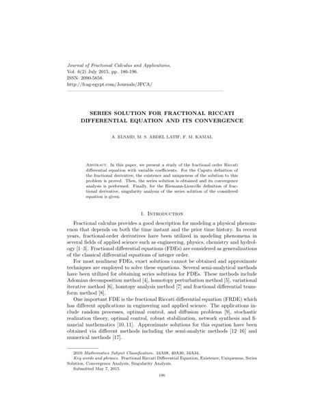 Pdf Series Solution For Fractional Riccati Differential Equation And