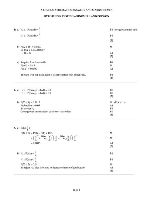 Hypothesis Testing Binomial And Poisson Answers A Level Maths Curriculum Press