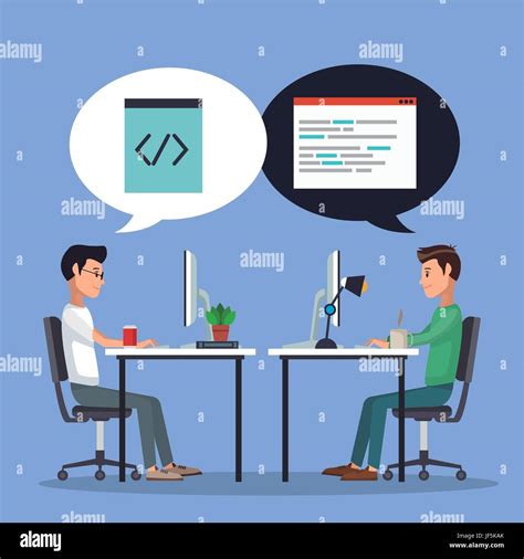 Color Background Men Worker In Desk With Computer And Icons Programming