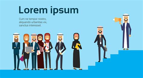 비즈니스 팀과 아랍 사업가 말하는 확성기 아랍어 그룹 전통적인 옷 경력 진행 개념 전체 길이 비즈니스 계약 및 파트너 복사 공간 평면 개념에 대한 스톡 벡터 아트 및 기타