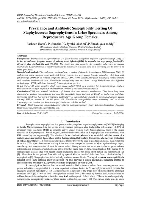 Pdf Prevalance And Antibiotic Susceptibility Testing Of Staphylococcus Saprophyticus In Urine
