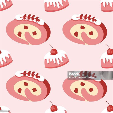 크림과 체리 토핑을 곁들인 스타일리시한 롤 케이크가 특징인 매끄러운 패턴입니다 달콤한 테마 프로젝트 패브릭 직물 및 종이 랩에 적합합니다 0명에 대한 스톡 벡터 아트 및