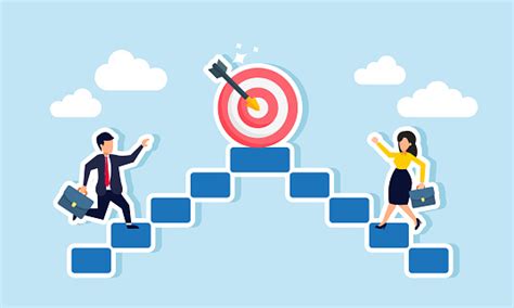 사업가와 사업가는 목표 보드를 얻기 위해 먼저 사다리의 정상에 도달하기 위해 경쟁하며 이는 더 많은 비즈니스 목표를 달성하기