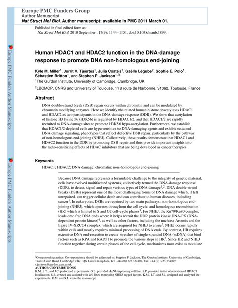 Pdf Human Hdac1 And Hdac2 Function In The Dna Damage Response To Promote Dna Nonhomologous End