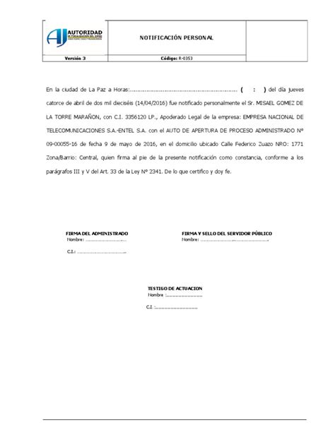 Modelo De Notificación Administrativa Pdf
