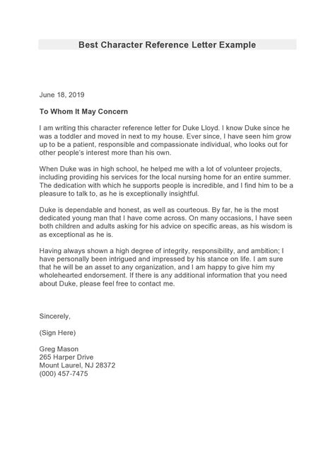 Character Reference Letter Professional Cover Letter