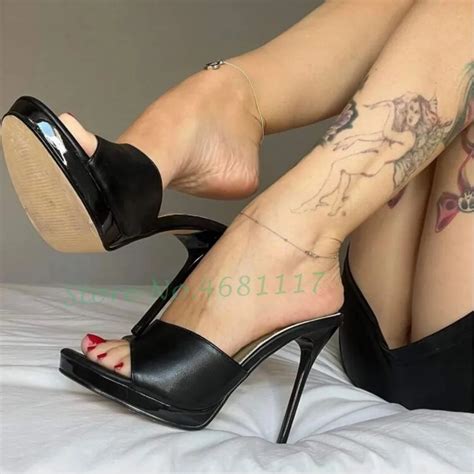 Peep Toe High Heels Slippers Women Summer Platform Black Leather Comfy