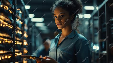 Premium Ai Image Young Leady Engineer Of Data Center Holding Laptop Standing In Front Of