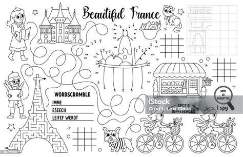 아이들을 위한 벡터 프랑스 플레이스 매트 미로가 있는 프랑스어 인쇄 가능한 활동 매트 박하 사탕 발가락 차트 점 연결 차이점 찾기 흑백 놀이 매트 에펠탑이 그려진 색칠 공부
