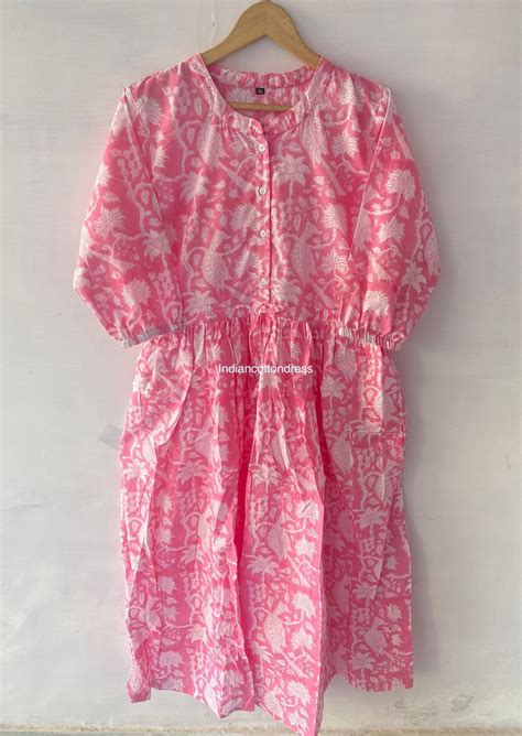 Bird Block Print Dressindian Cotton Dressnooworkcotton Etsy