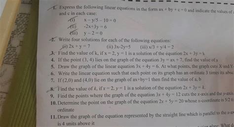 1 express the following linear equations in the form ax by c 0 and indic