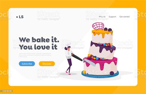 크림 무스와 유약 방문 페이지 템플릿 수석 유니폼과 토크 장식 거대한 축제 케이크에 작은 과자 여성 캐릭터와 결혼식 또는 생일