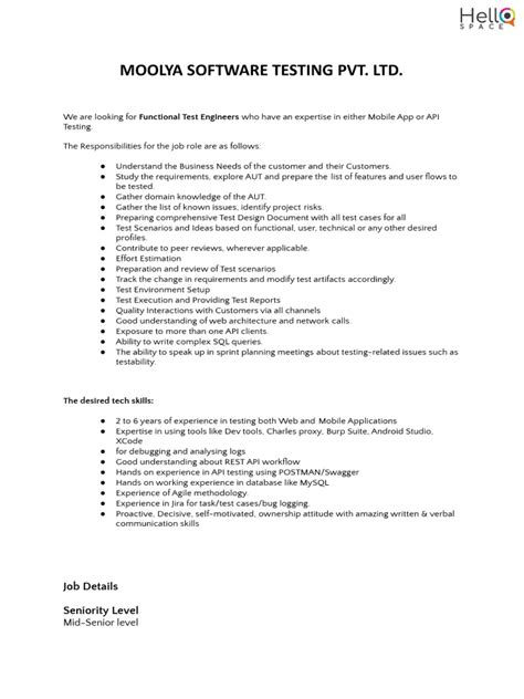 Moolya Jd Functional Test Engineer Pdf