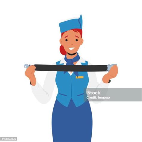 스튜어디스 승무원은 승객에게 벨트를 고정하도록 요청합니다 파란색 유니폼과 모자를 쓴 항공 여주인 소녀 항공사 승무원 교통 관련 직업에 대한 스톡 벡터 아트 및 기타 이미지