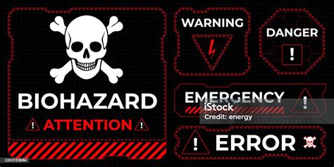 인쇄 및 웹 디자인을 위한 미래형 Hud 요소가 있는 위험 구역 경고 프레임 빨간 주의 테두리 주의 표지판 및 경고 메시지를 특징으로 하는 벡터 그림 가상현실에 대한 스톡