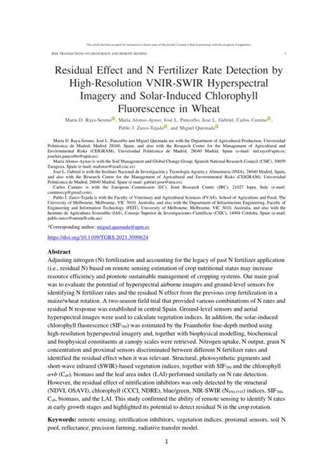 Pdf Residual Effect And N Fertilizer Rate Detection By High Resolution Vnir Swir Hyperspectral