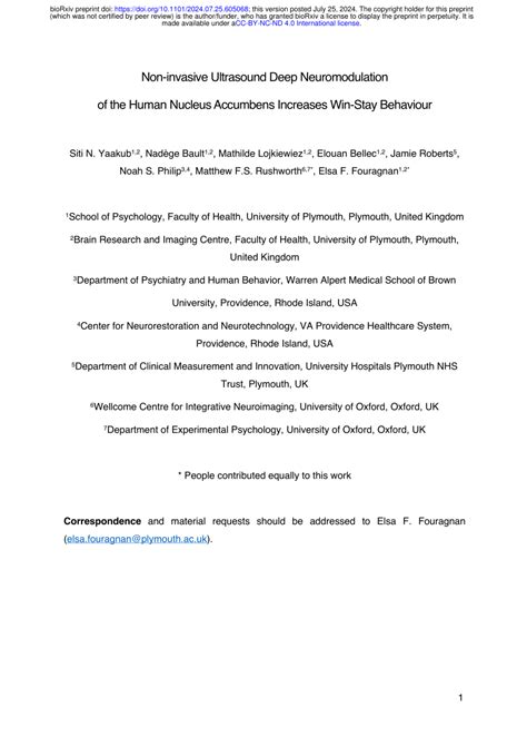 Pdf Non Invasive Ultrasound Deep Neuromodulation Of The Human Nucleus Accumbens Increases Win