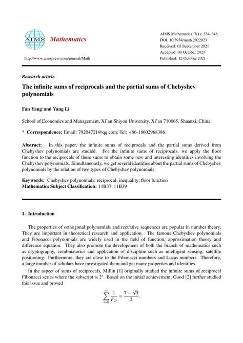 pdf the infinite sums of reciprocals and the partial sums of