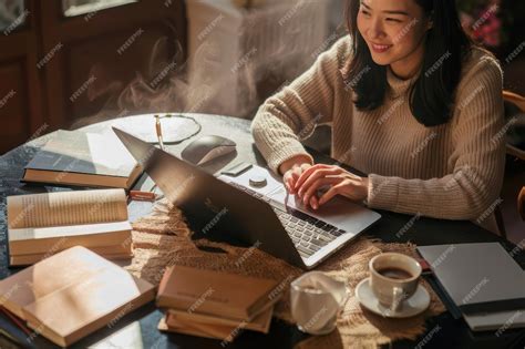 A Woman Sits At A Table With A Laptop And Books Premium Ai Generated