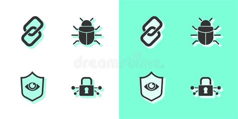 Set Cyber Security Chain Link Shield And Eye And System Bug Icon