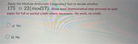 Solved Apply The Modular Arithmetic Congruence Test To