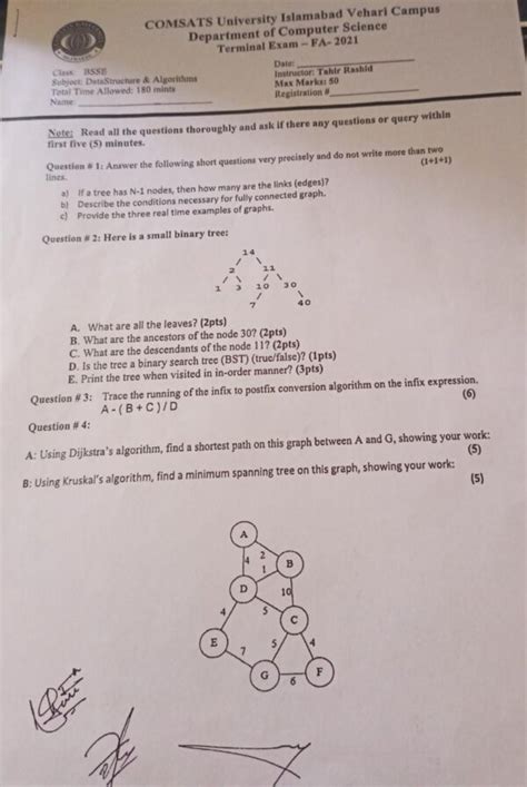 Data Structure And Algorithm Past Paper University Cuitutorial
