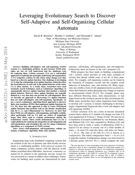Pdf Leveraging Evolutionary Search To Discover Self Adaptive And Self Organizing Cellular Automata