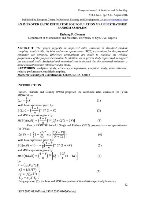 Pdf An Improved Ratio Estimator For Population Mean In Stratified Random Sampling