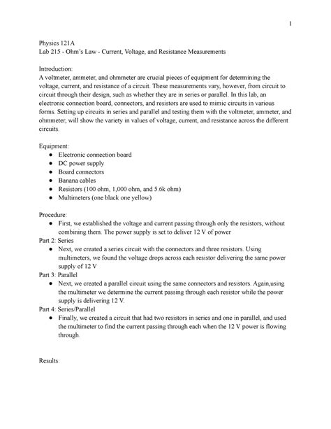 Physics Lab Lab Physics A Lab Ohms Law Current Voltage And Resistance
