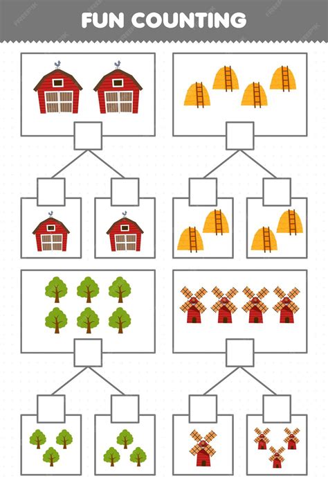 귀여운 만화 헛간 건초 더미 나무 풍차 인쇄용 농장 워크 시트의 각 상자에 그림을 세는 어린이를위한 교육 게임 프리미엄 벡터