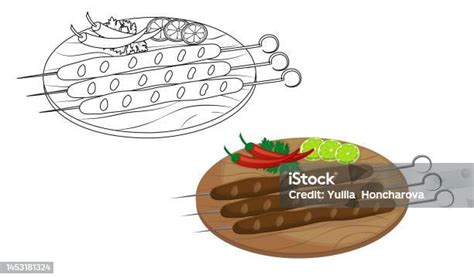 동아시아 요리 케밥 초등학교를 위한 어린이 색칠하기 책입니다 라임 채소와 꼬치에 다진 고기 벡터 그림입니다 만화 0명에 대한